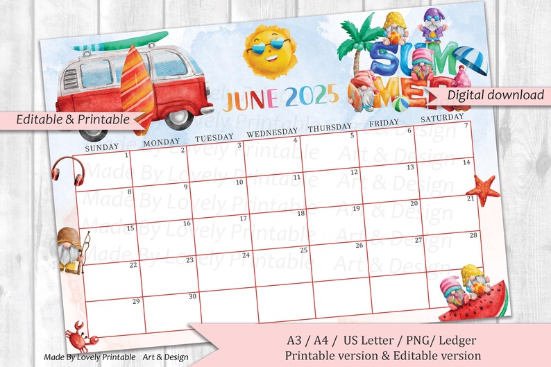 EDITABLE June 2025 Calendar, Watercolor Hello Summer With Gnome and ...