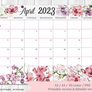 Editable April 2023 Calendar Printable Fillable Planner - Etsy