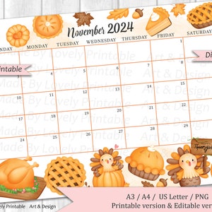 EDITABLE November 2024 Calendar, Watercolor Thanksgiving Day, Cute ...