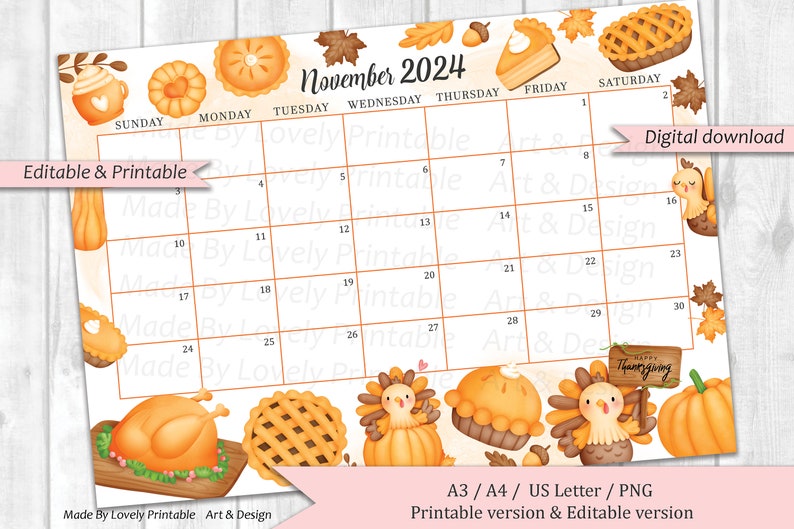 EDITABLE November 2024 Calendar, Watercolor Thanksgiving Day, Cute ...
