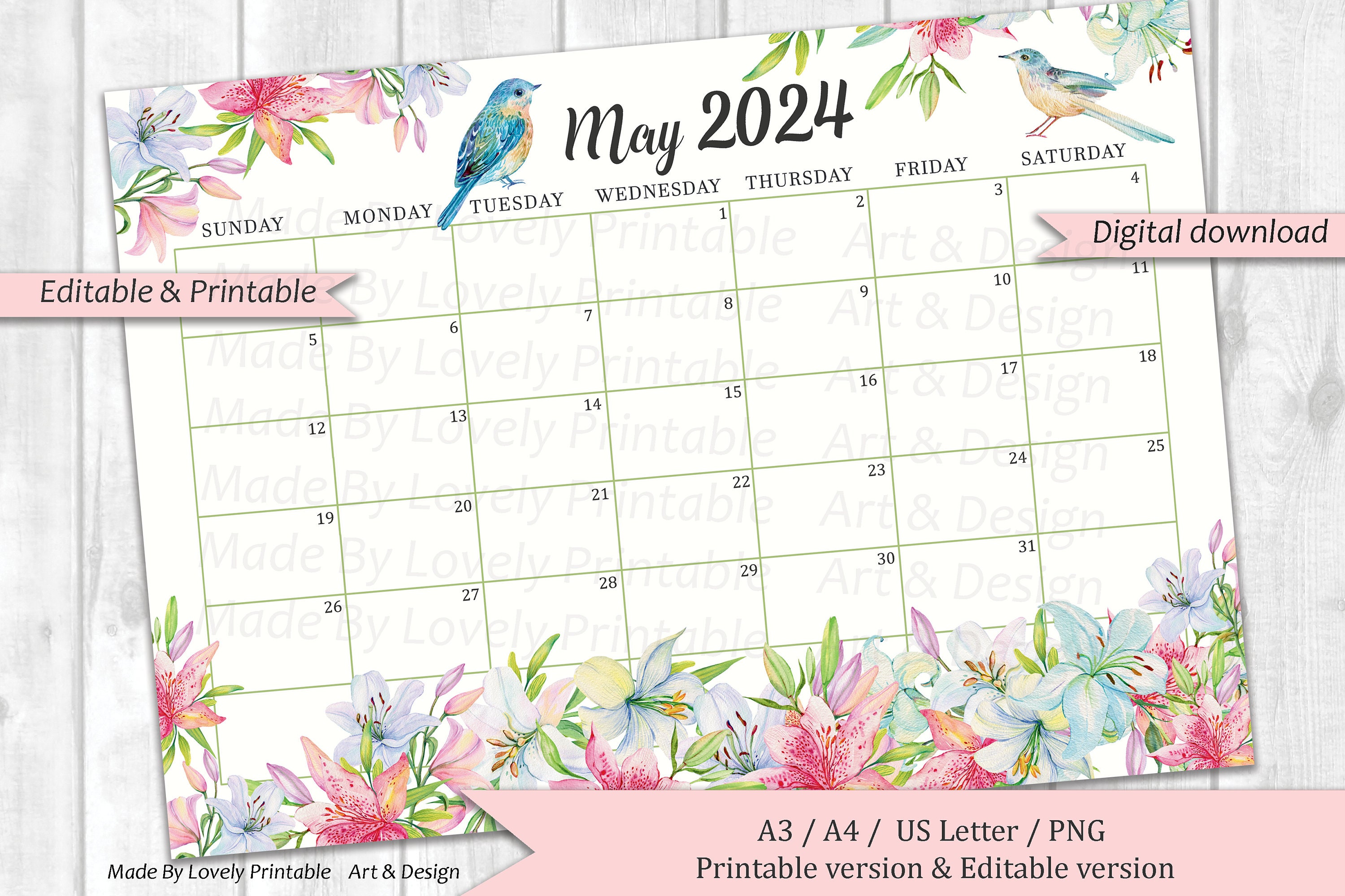 EDITABLE MAY 2024 Calendar, Watercolor Spring Flowers, Garden Scenery ...