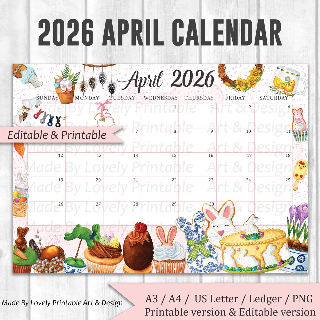 EDITABLE April 2026 Calendar, Happy Easter Day With Cute Bunnies ...