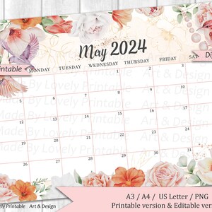 EDITABLE May 2024 Calendar, English Garden, Spring Vibe, Monthly ...