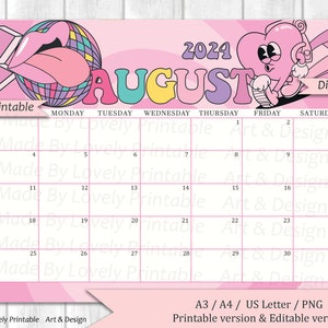 EDITABLE August 2024 Calendar, Retro Aesthetic 70s Daisy, Retro Styled ...