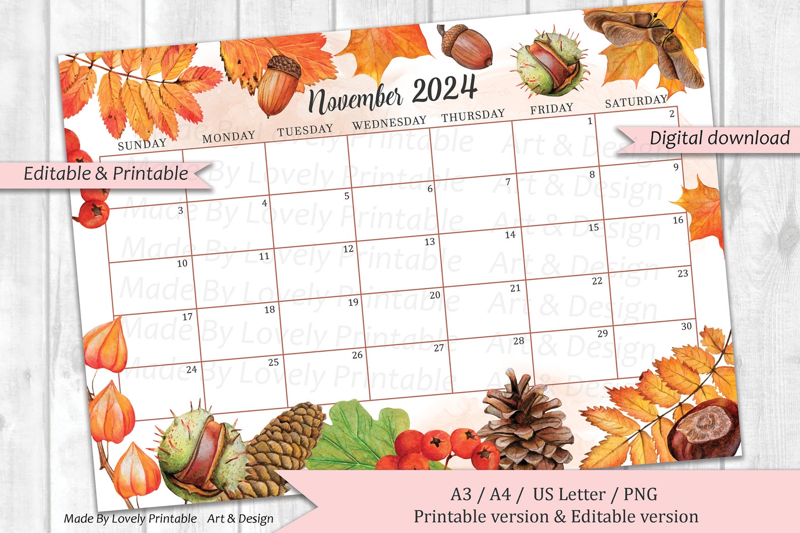 EDITABLE November 2024 Calendar, Watercolor Thanksgiving Day, Autumn ...