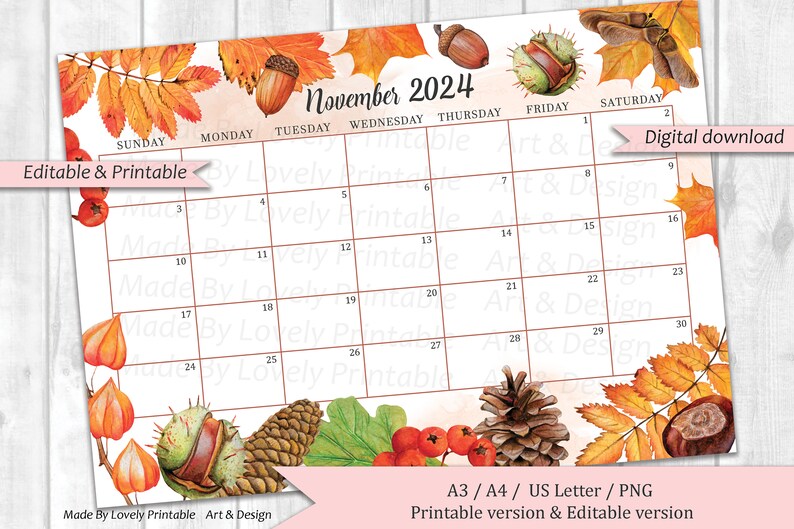 EDITABLE November 2024 Calendar, Watercolor Thanksgiving Day, Autumn ...