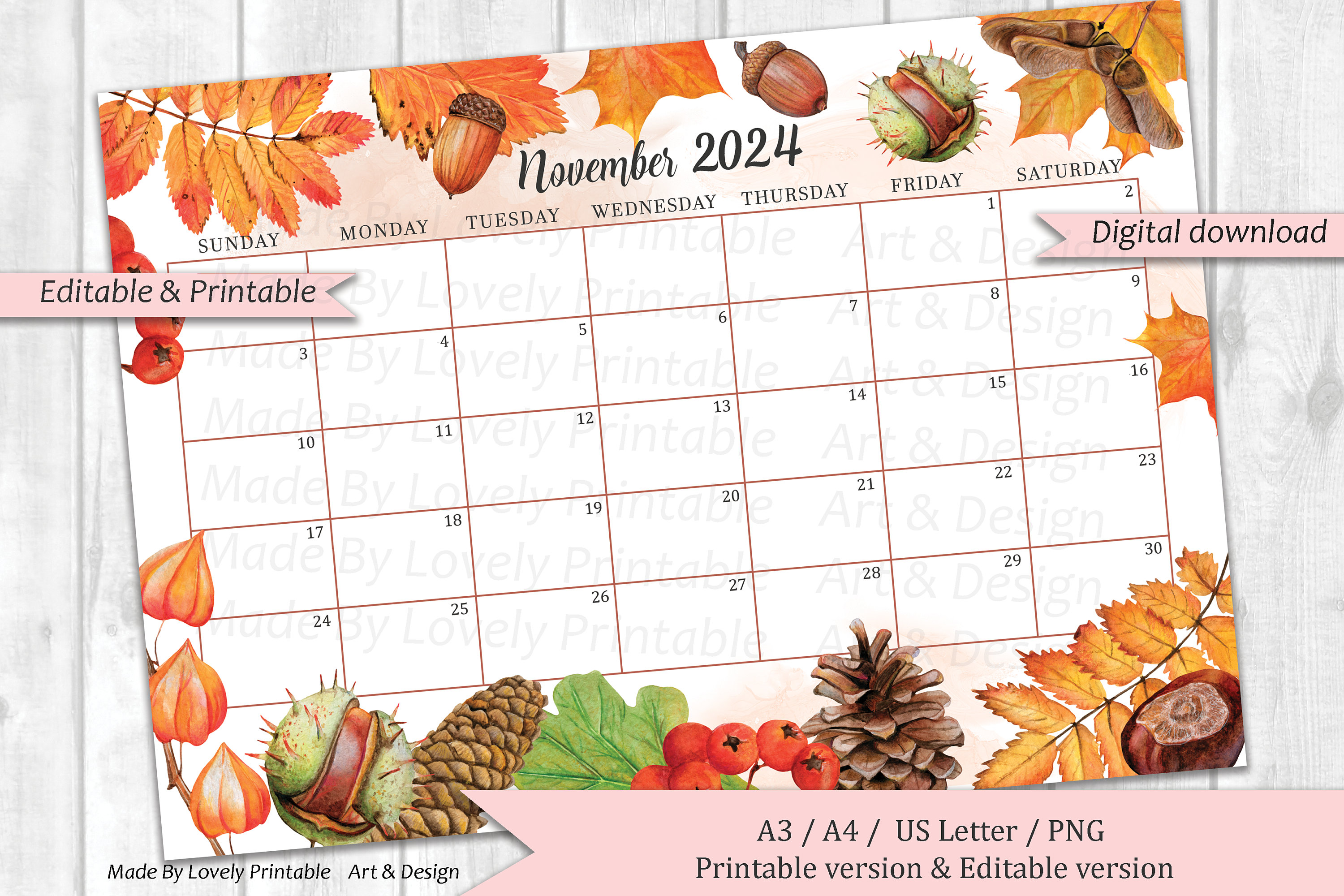 EDITABLE November 2024 Calendar, Watercolor Thanksgiving Day, Autumn ...
