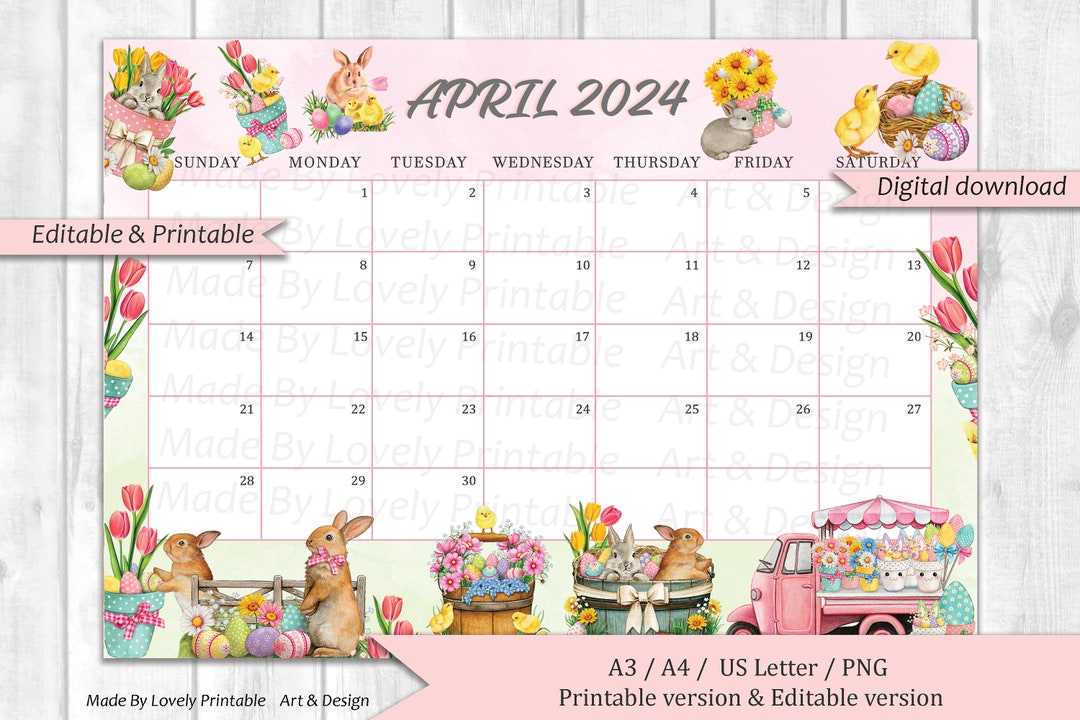 EDITABLE April 2024 Calendar, Monthly Planner, Happy Easter Day ...