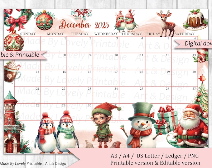 Calendario de diciembre de 2025 editable, calendario navideño verde imprimible con muñeco de ...