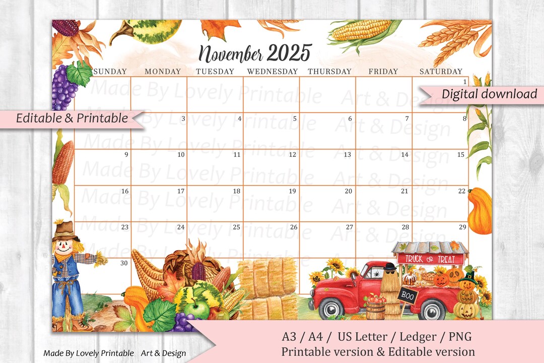 EDITABLE November 2025 Calendar, Watercolor Thanksgiving Day, Autumn ...