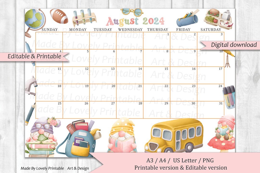EDITABLE August 2024 Calendar, Gnomes Cute Back to School, Calendar for ...