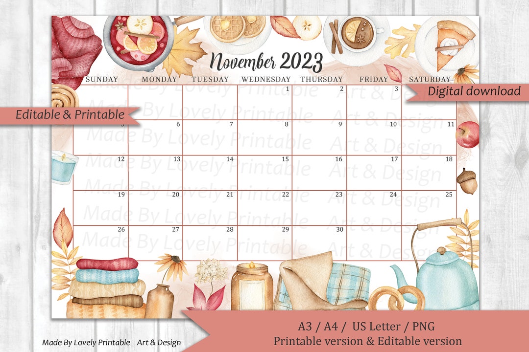 EDITABLE November 2023 Calendar Cozy Autumn Mood Fall - Etsy Australia