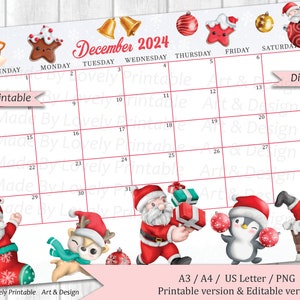 EDITABLE December Calendar, Funny Christmas, Santa & Deer and Pinguin ...