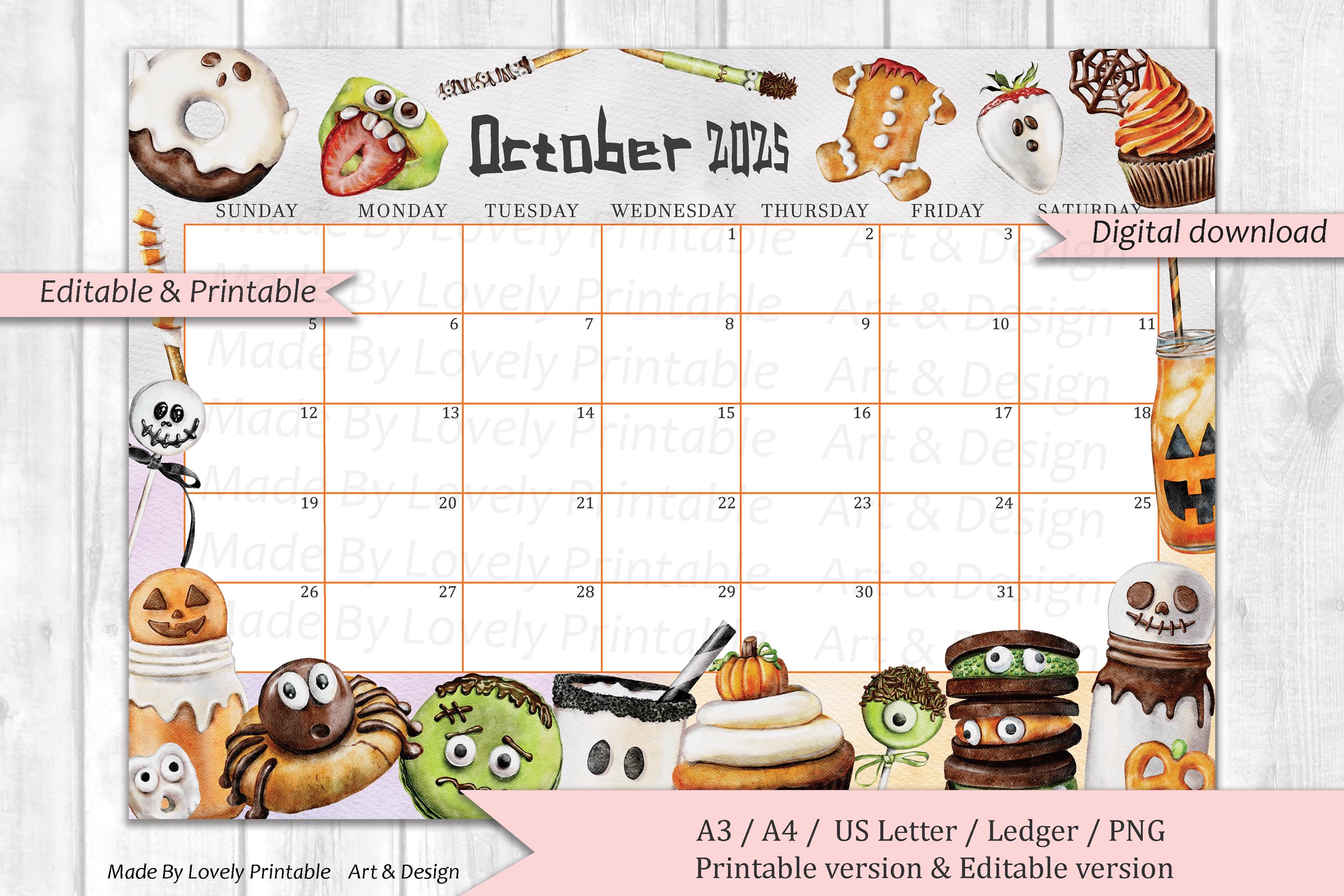 EDITABLE October Calendar, Cute Spooky Halloween Sweet Desserts ...