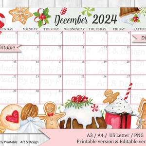 EDITABLE December 2024 Calendar, Christmas Sweets & Drinks, Printable ...
