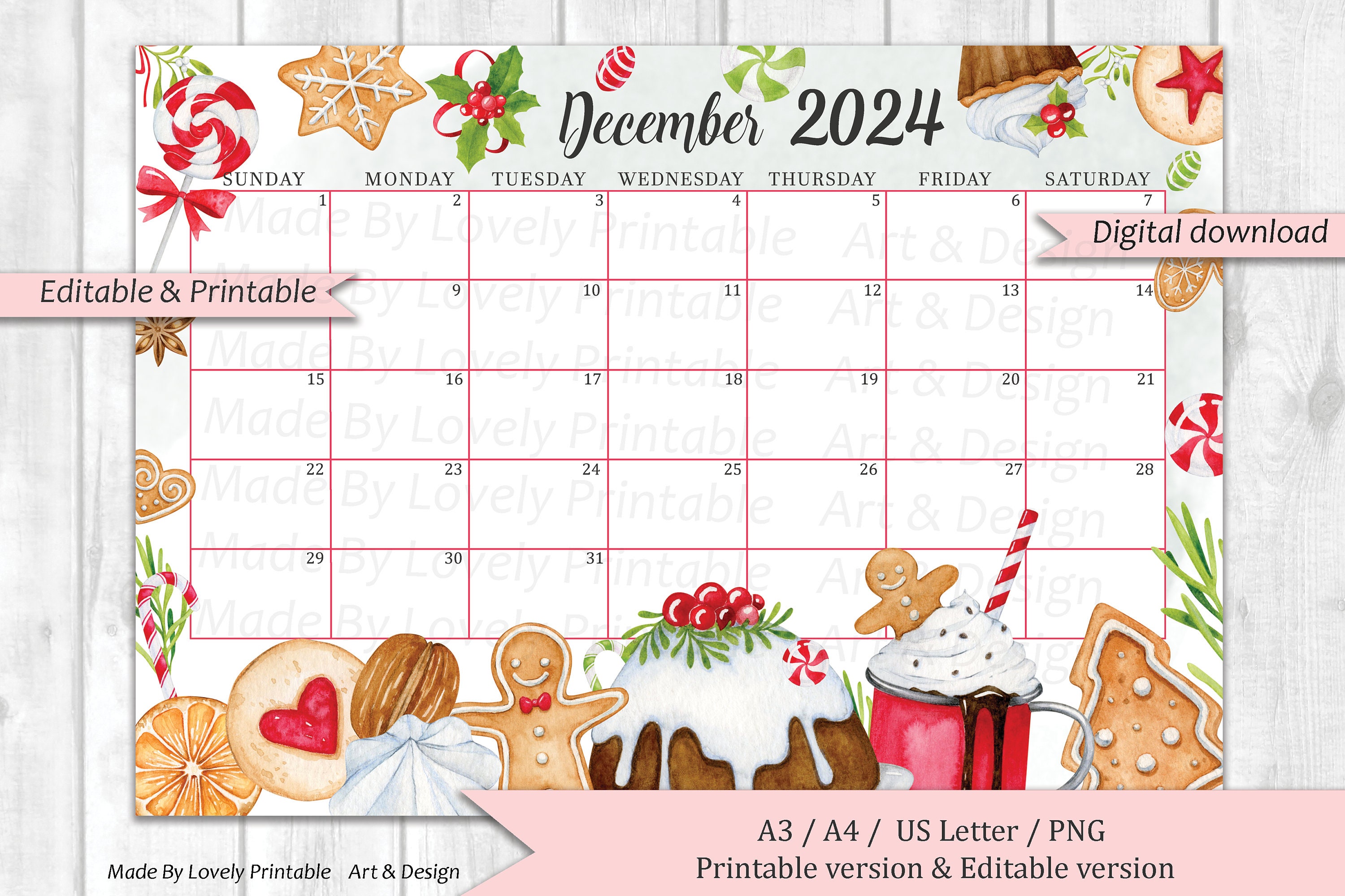 EDITABLE December 2024 Calendar, Christmas Sweets & Drinks, Printable ...
