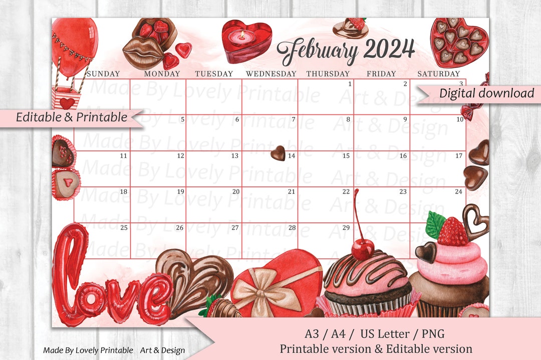 EDITABLE February 2024 Calendar, Happy Valentine With Sweet Treats ...