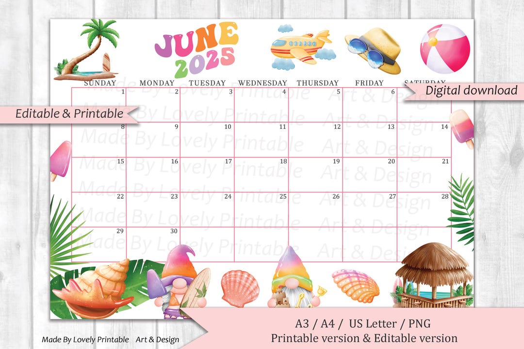 EDITABLE June Calendar, Hello Summer With Cute Gnome, Colorful Summer ...