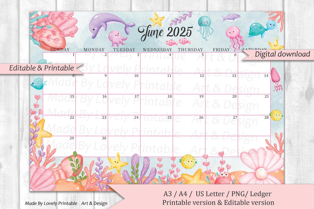 EDITABLE June Calendar, Summer Beach, Joyful & Colorful Summer at the ...
