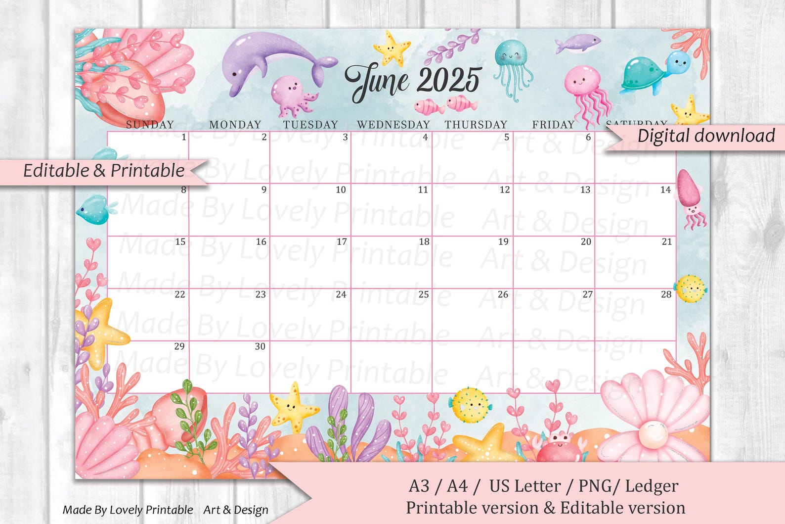 EDITABLE June Calendar, Summer Beach, Joyful & Colorful Summer at the ...