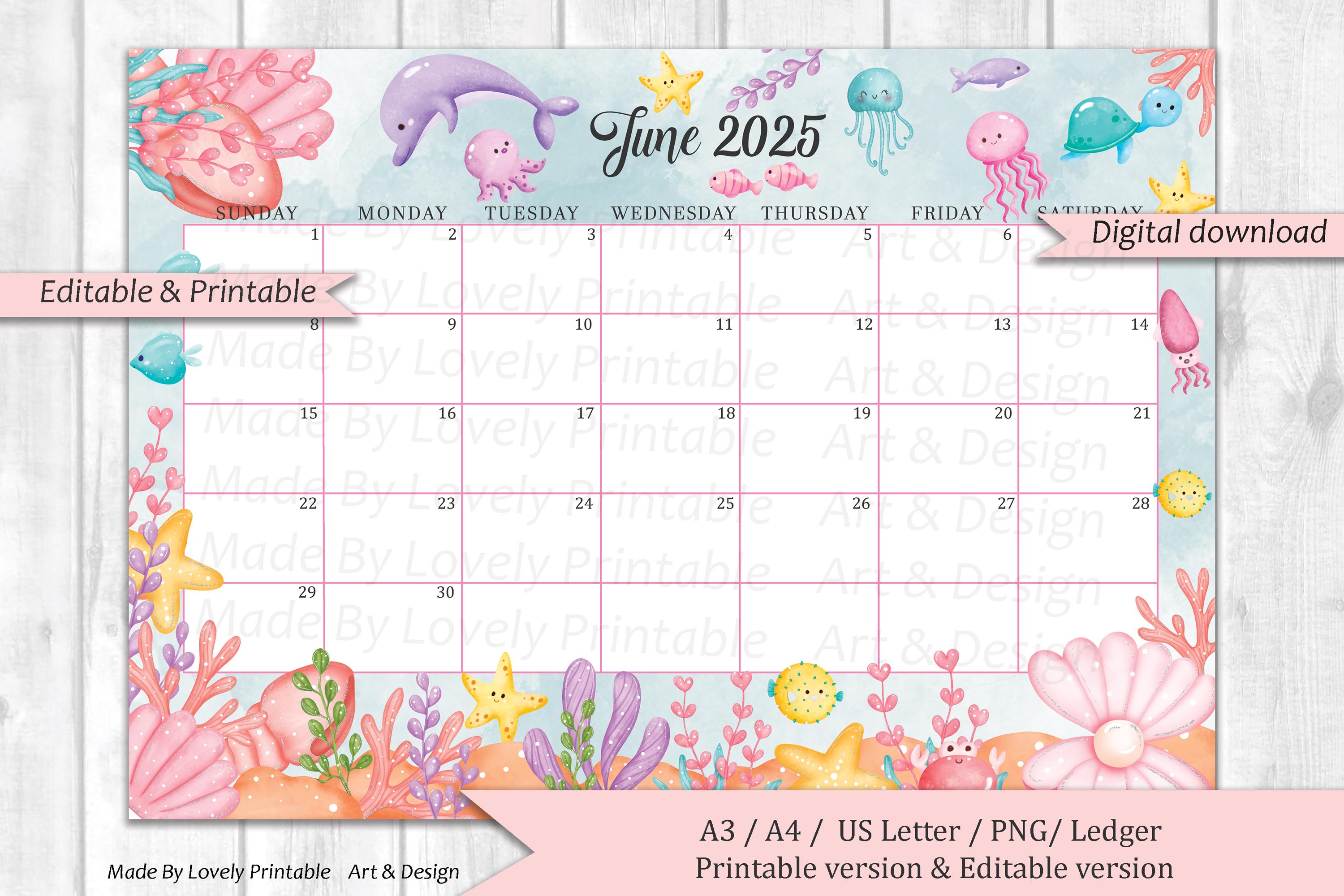 EDITABLE June Calendar, Summer Beach, Joyful & Colorful Summer at the ...