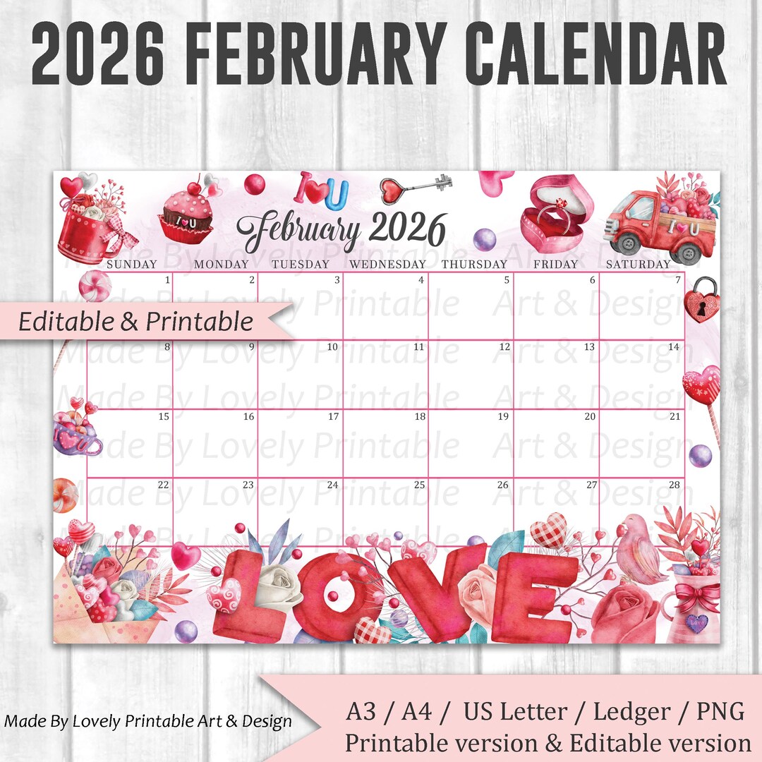 EDITABLE February 2026 Calendar, Happy Valentine With Love Gnomes ...