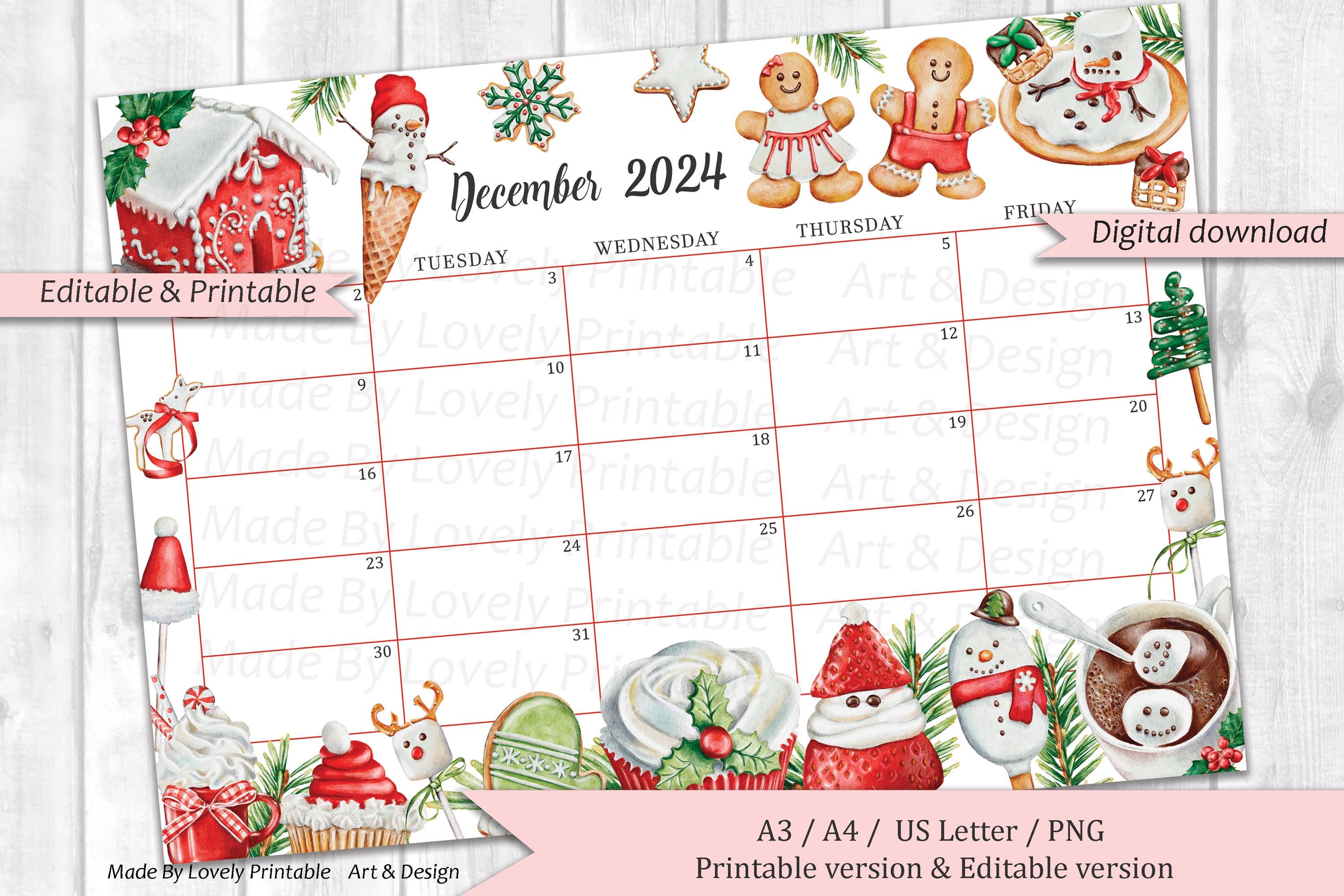 EDITABLE December 2024 Calendar, Christmas Sweets & Drinks, mon-fri ...