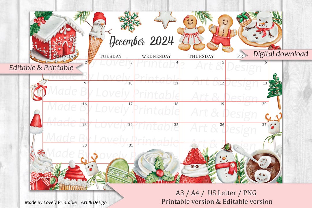 EDITABLE December 2024 Calendar, Christmas Sweets & Drinks, mon-fri ...