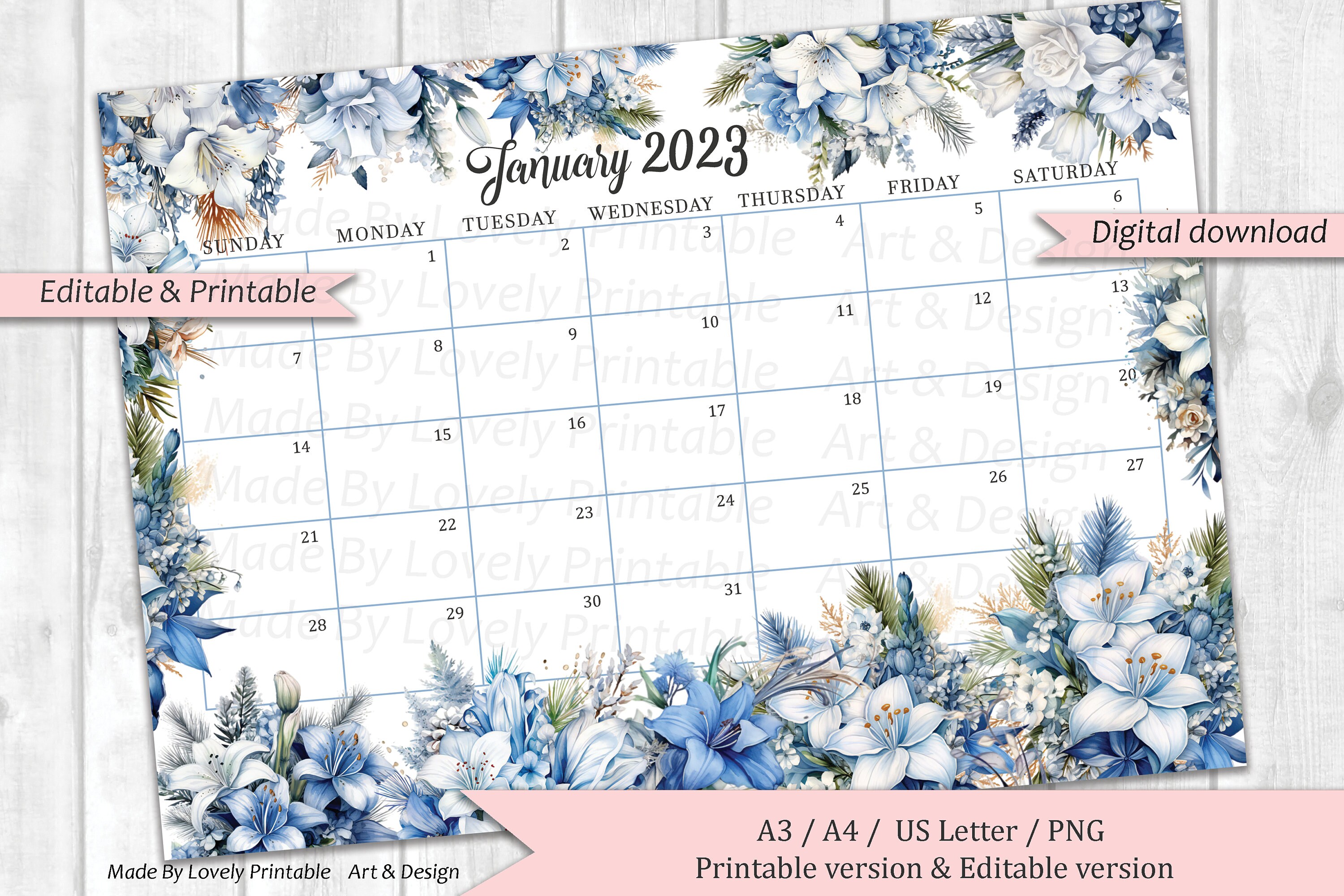 Editable January 2024 Calendar Beautiful Winter Flowers New - Etsy ...