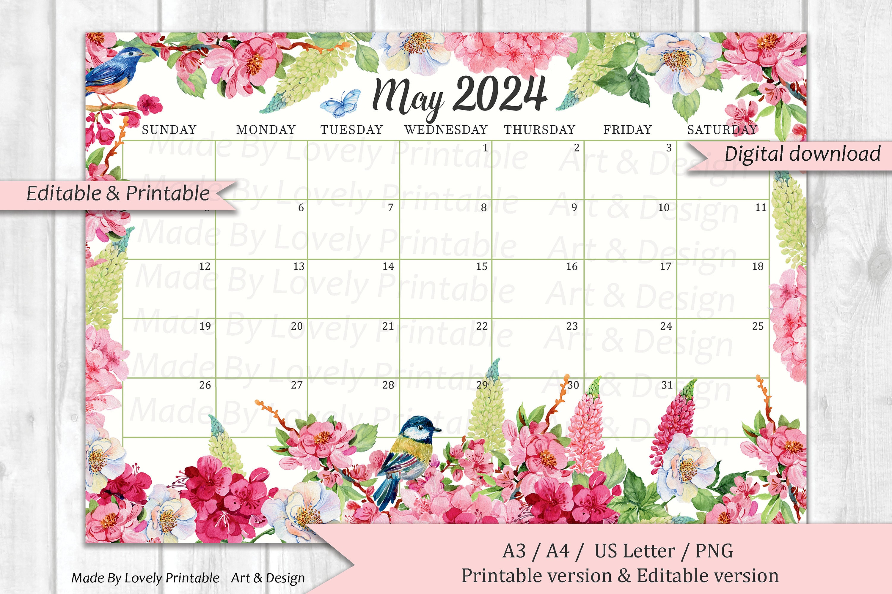 EDITABLE May 2024 Calendar, Watercolor Spring Flowers, Garden Scenery ...