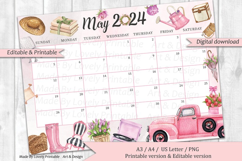 EDITABLE May 2024 Calendar, Watercolor Spring Decor, Garden Scenery ...
