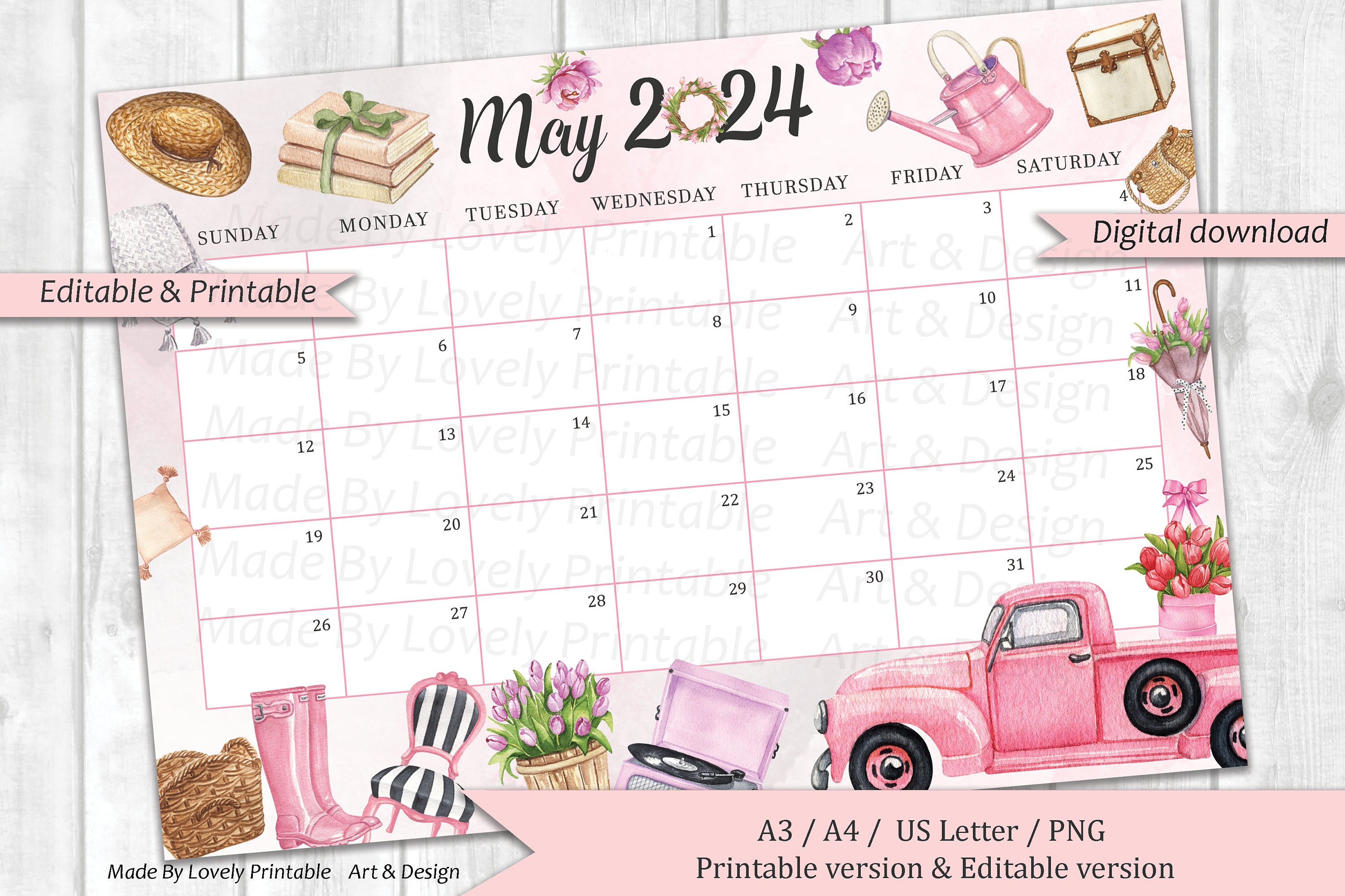 EDITABLE May 2024 Calendar, Watercolor Spring Decor, Garden Scenery ...