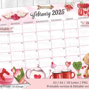 EDITABLE February 2025 Calendar, Happy Valentine With Love Heart & Bear ...