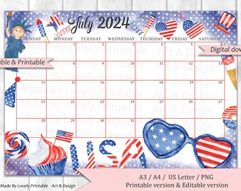 4th of July Day Calendar Planner, Printable July 2024 Calendar ...