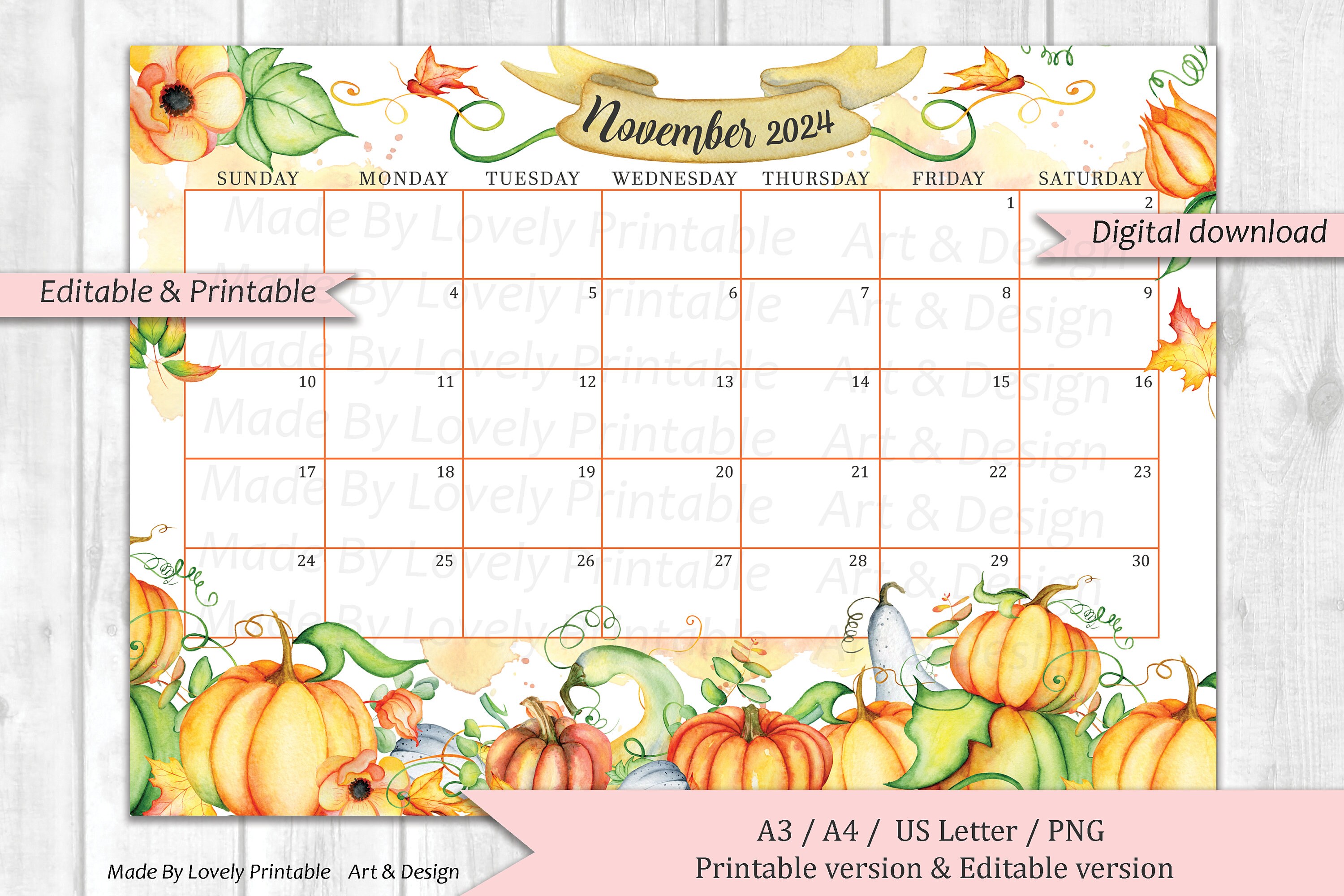 EDITABLE November 2024 Calendar, Happy Thanksgiving Pumpkins Watercolor ...