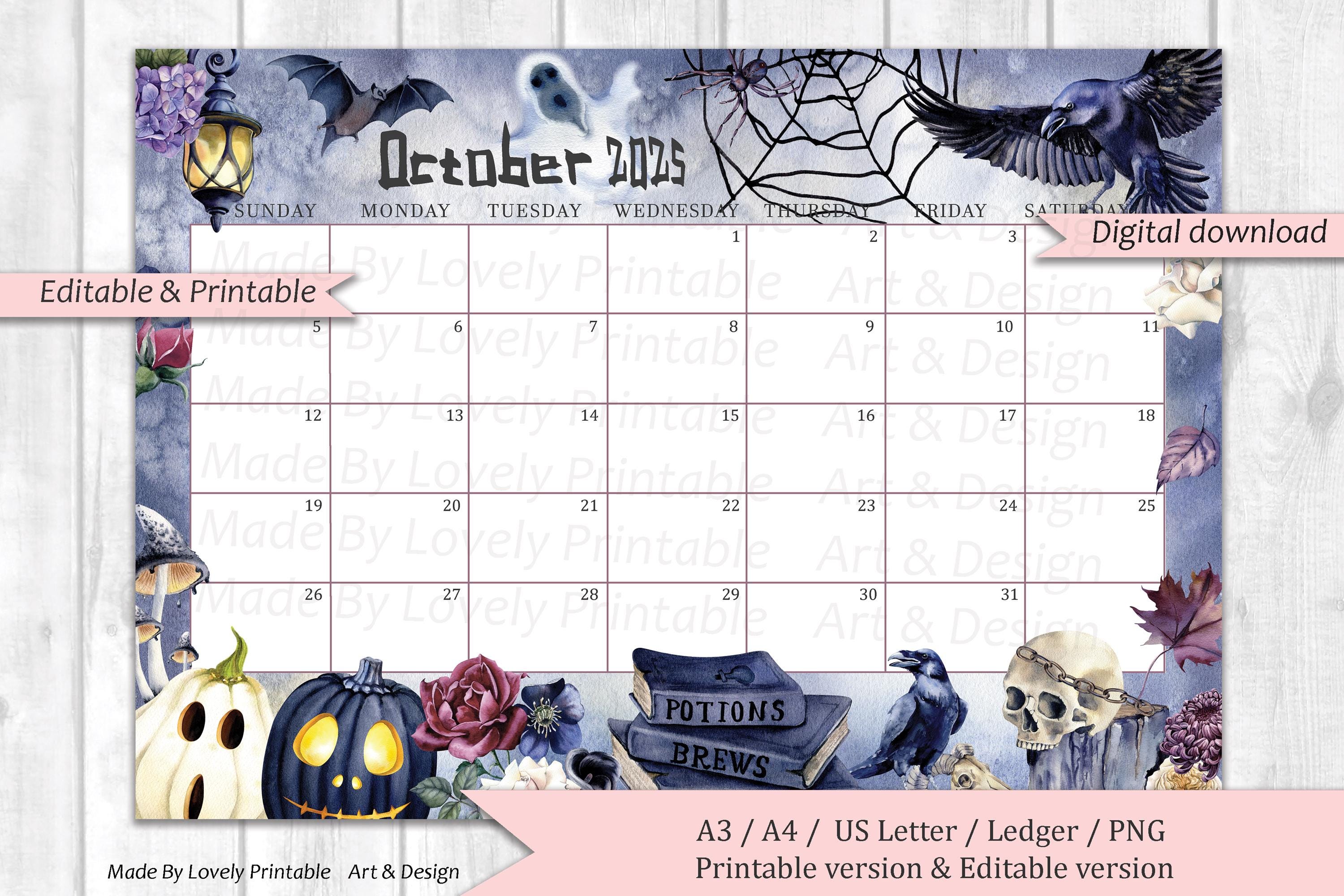 EDITABLE October 2025 Calendar, Happy Spooky Halloween Planner ...
