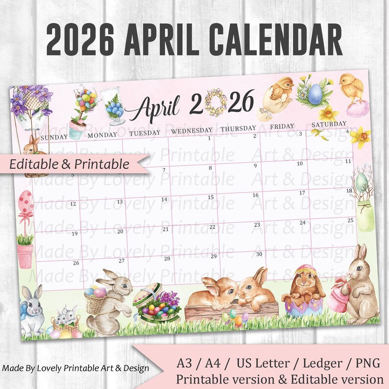 EDITABLE April 2026 Calendar, Happy Easter Day With Cute Bunnies and ...