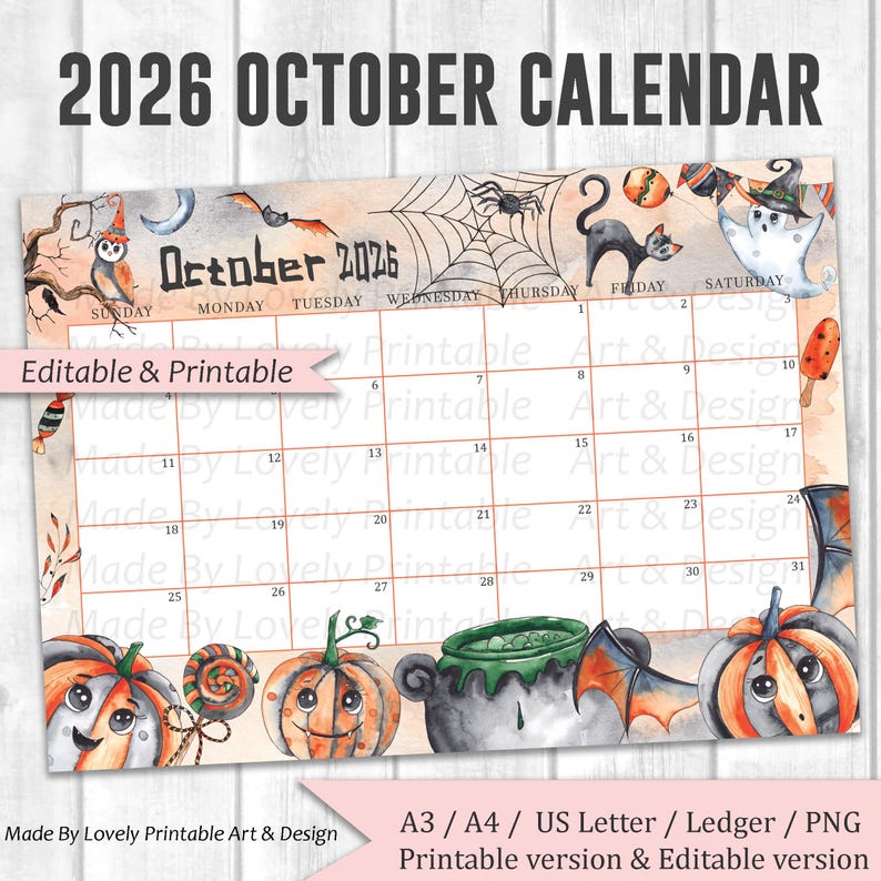 EDITABLE October 2026 Calendar, Happy Spooky Halloween Planner ...