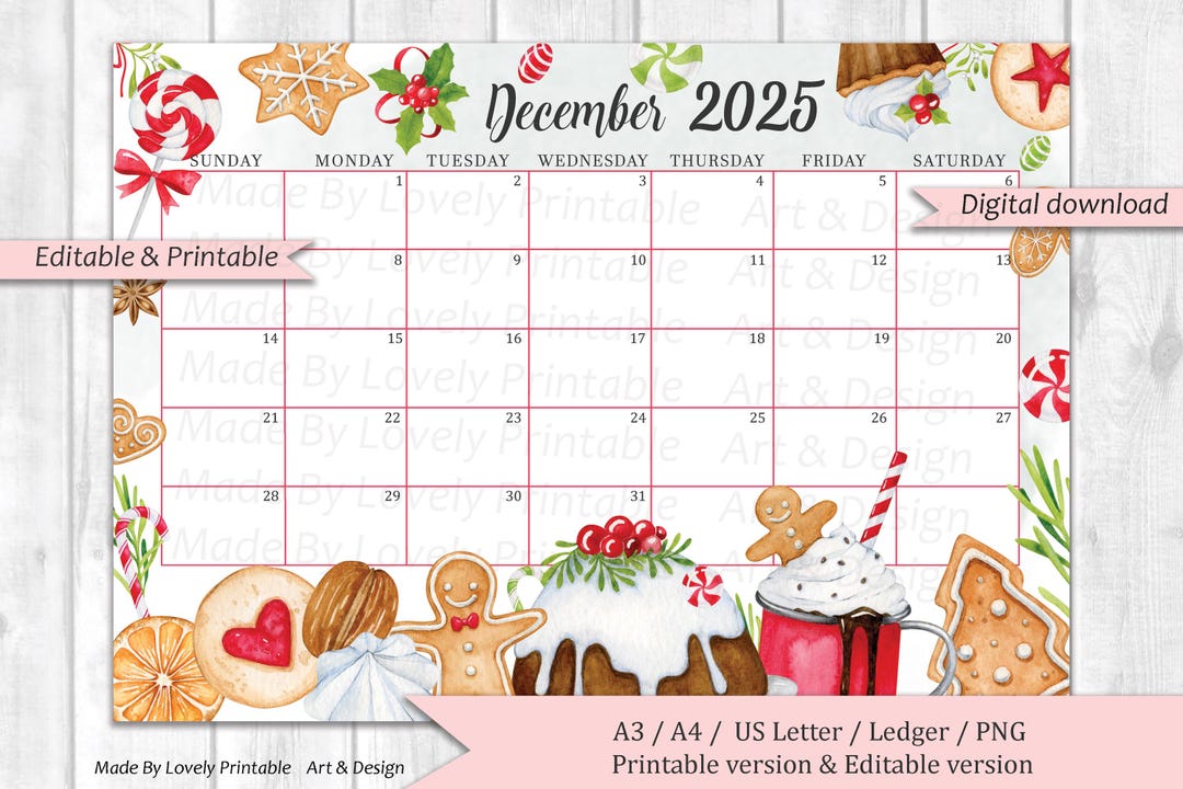 EDITABLE December 2025 Calendar, Christmas Sweets & Drinks, Printable ...