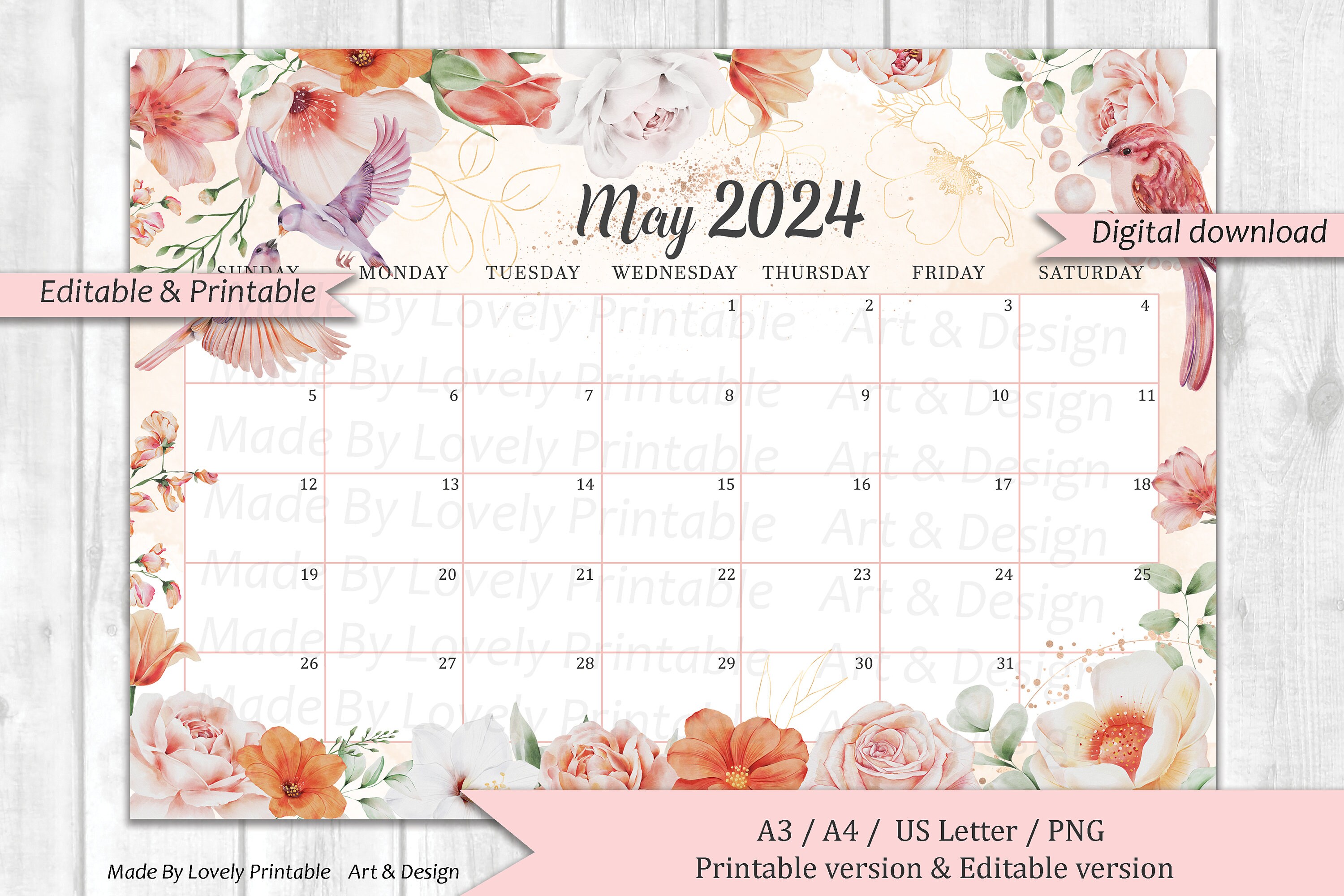 EDITABLE May 2024 Calendar, English Garden, Spring Vibe, Monthly ...
