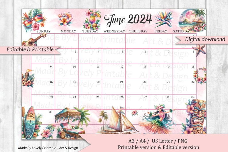 EDITABLE June Calendar, Tropical Summer Beach, Joyful & Colorful Summer ...