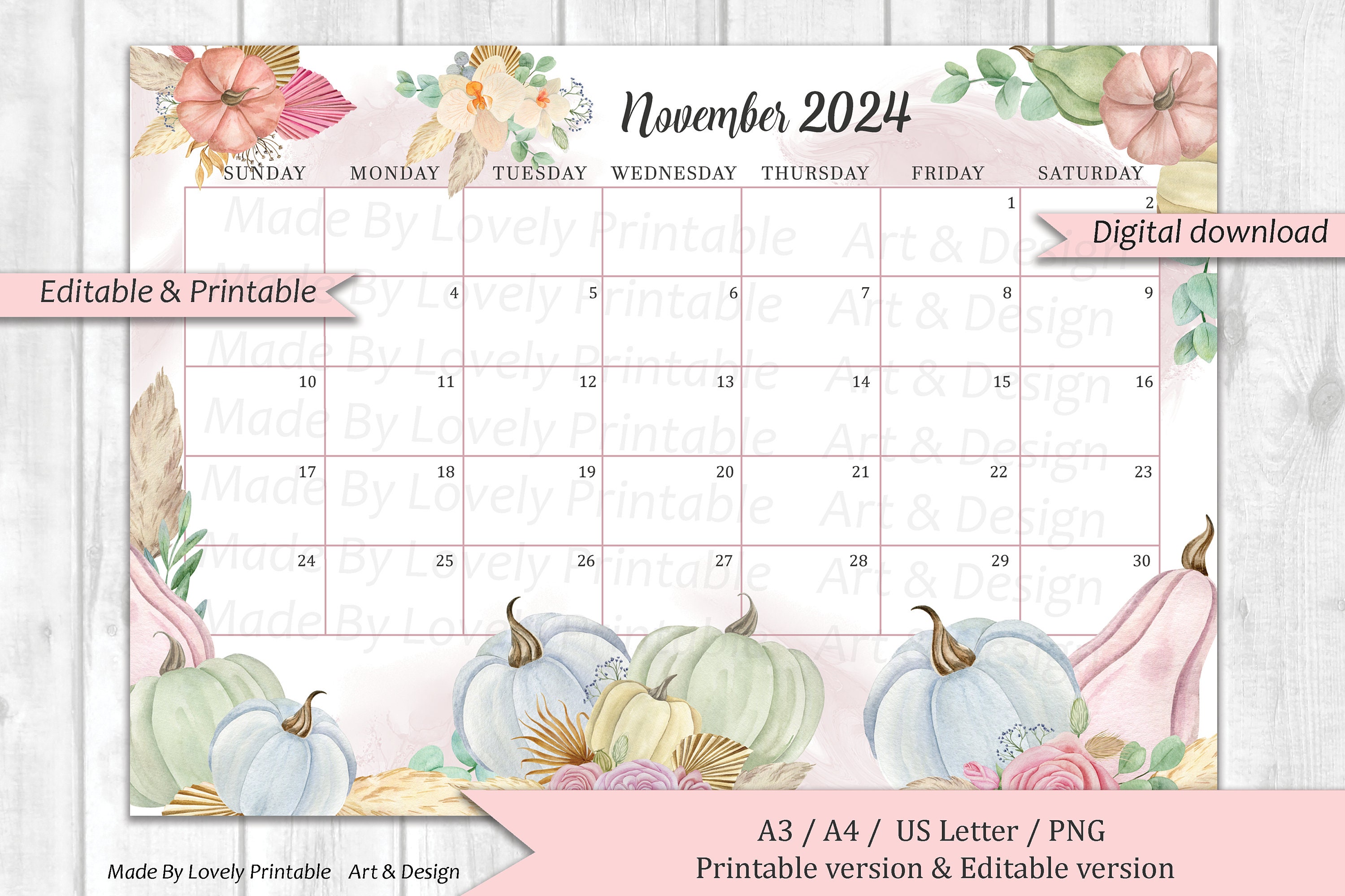 EDITABLE November 2024 Calendar, Watercolor Thanksgiving Day, Autumn ...