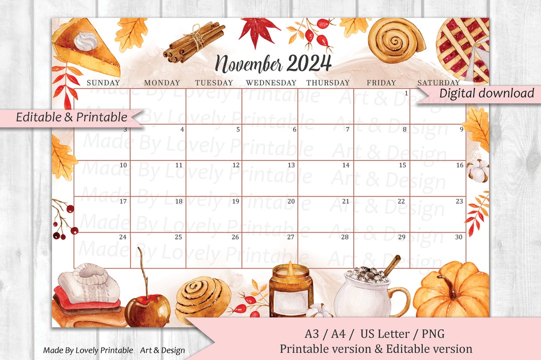 EDITABLE November 2024 Calendar, Cozy Autumn Mood, Beautiful Fall ...