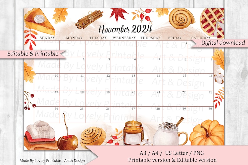 EDITABLE November 2024 Calendar, Cozy Autumn Mood, Beautiful Fall ...
