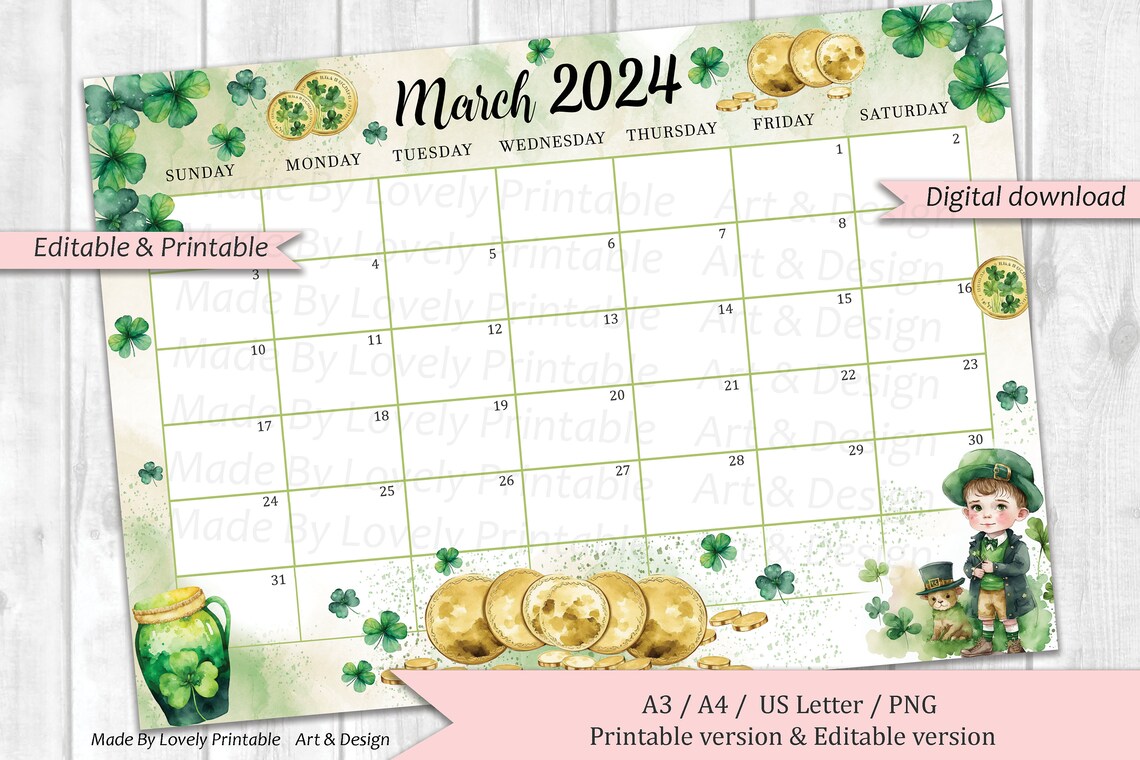 EDITABLE March 2023 Calendar, Happy St.patrick's Day Planner, Printable ...