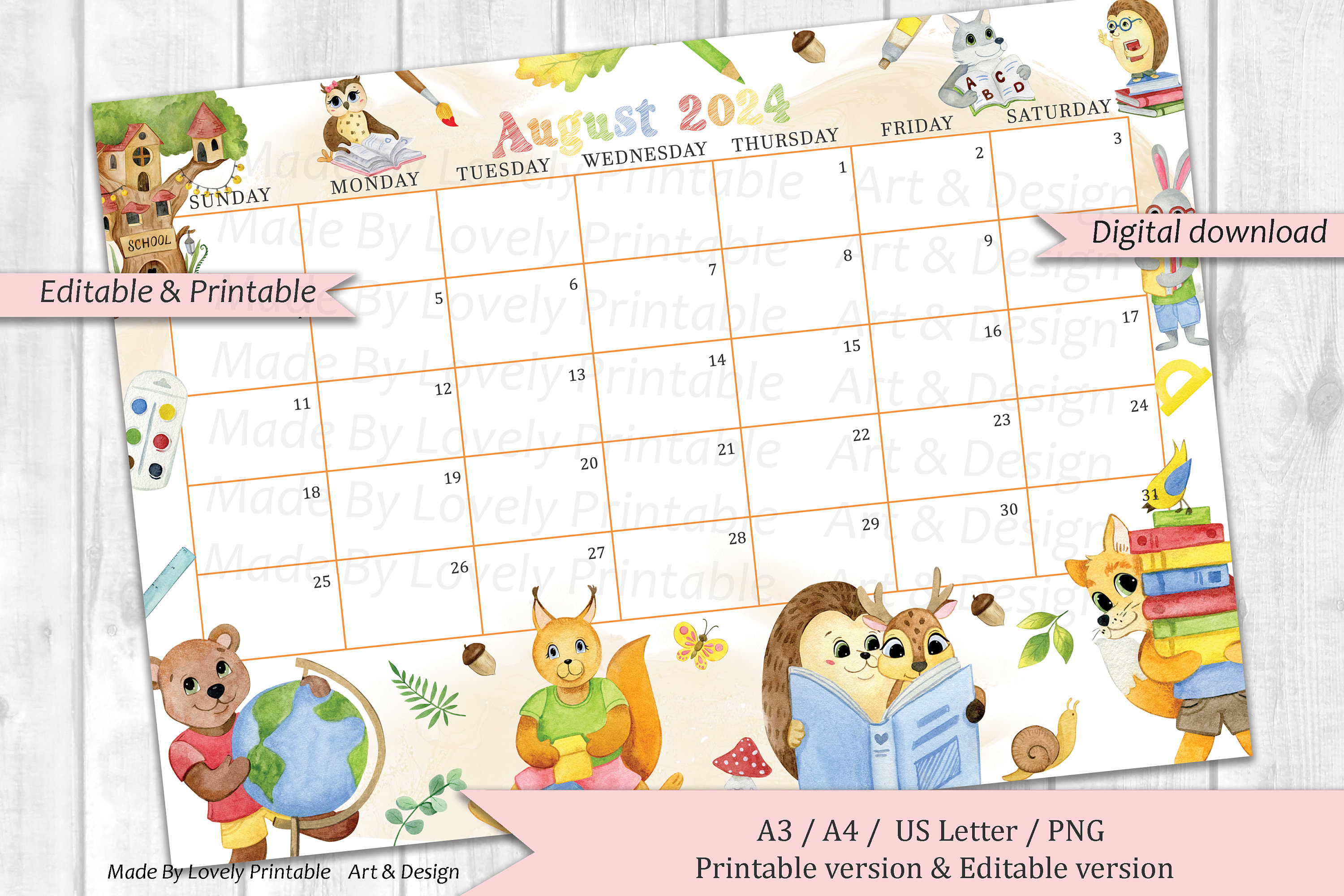 EDITABLE August 2024 Calendar, Cute Back to School Planner, Calendar ...
