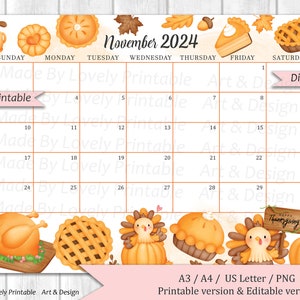 EDITABLE November 2024 Calendar, Watercolor Thanksgiving Day, Cute ...
