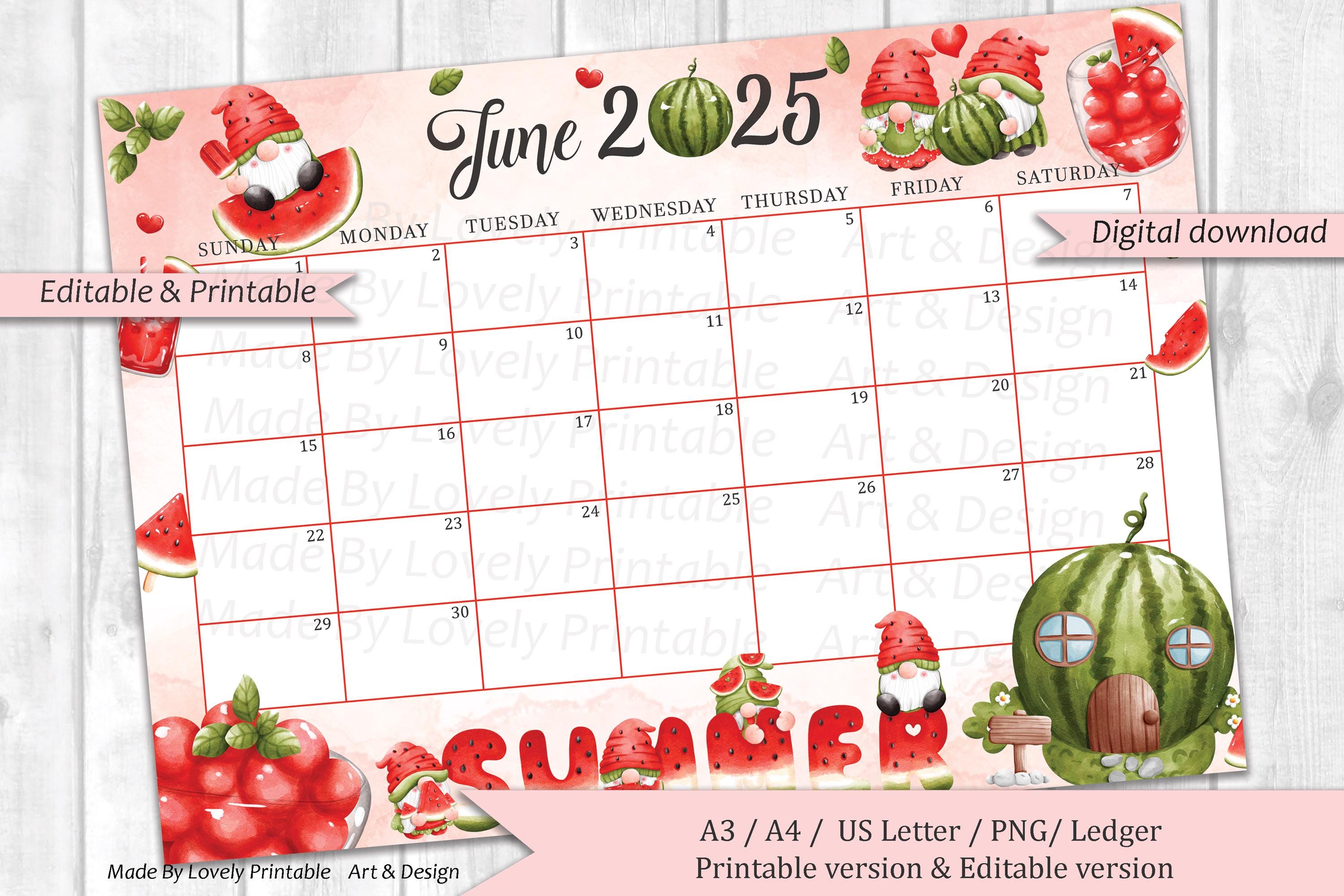 EDITABLE June 2025 Calendar, Delicious Watermelon Calendar, Summer ...