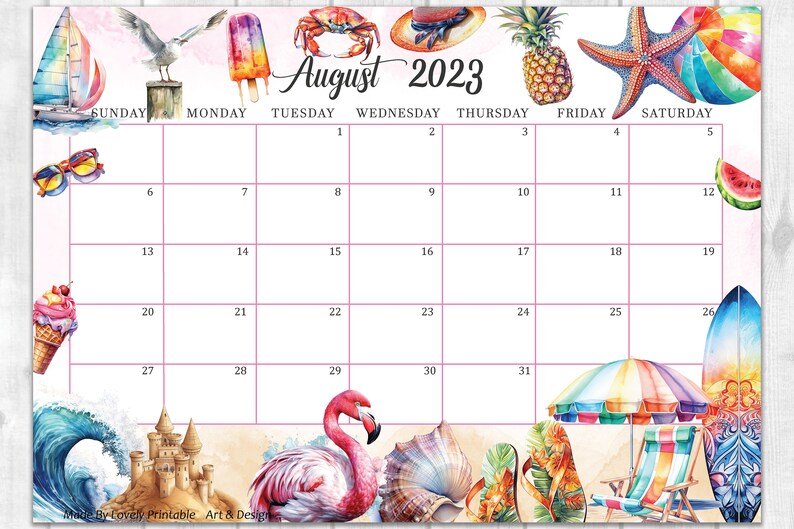 EDITABLE August Calendar Summer at the Beach Cute Sun and - Etsy