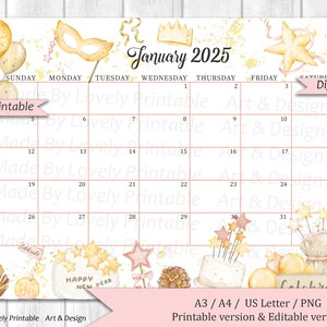 EDITABLE January 2025 Calendar, New Year Celebration, Kids School ...